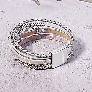 FANCY SHINY Boho Wrap Bracelets Leather Cuff Bangle Gold Beaded Bracelets for Women Stackable Infinity Bracelets Jewelry with Clasp(Silver)