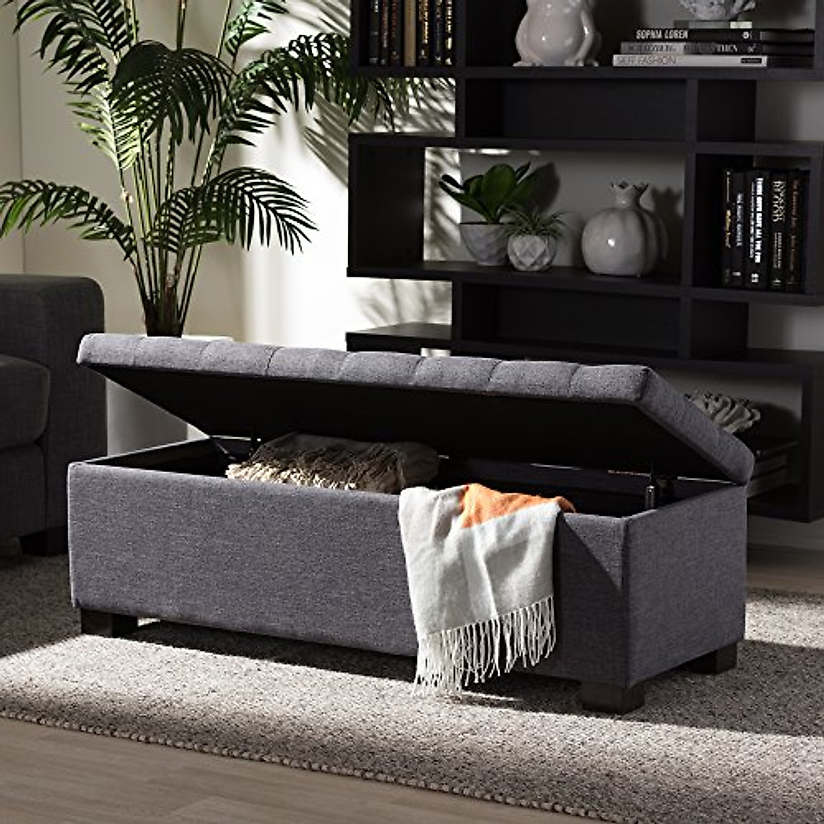Baxton Studio Orillia Modern and Contemporary Dark Grey Fabric Upholstered Grid-Tufting Storage Ottoman Bench