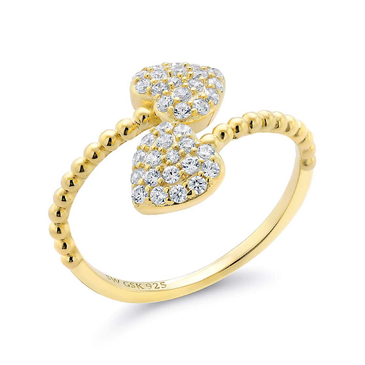 Gem Stone King 18K Yellow Gold Plated Silver Cubic Zirconia Double Love Hearts Open Ring For Women (0.35 Cttw, Available In Size 5, 6, 7, 8, 9)
