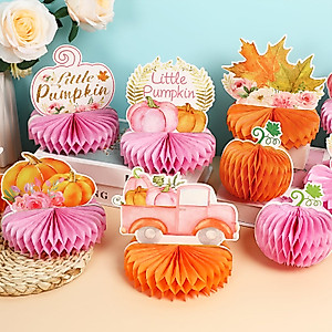 12PCS Little Pumpkin Party Decorations Pumpkin Honeycomb Centerpieces Pink Floral Table Toppers First Birthday Table Centerpieces A Little Pumpkin is On The Way Table Decor for Girls Baby Shower Party