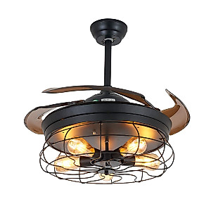 OUKANING Ceiling Fan with Light Industrial Ceiling Fan Retractable Blades Vintage Cage Chandelier Fan with Remote Control-5 Edison Bulbs Needed Not Included (36 Inch)
