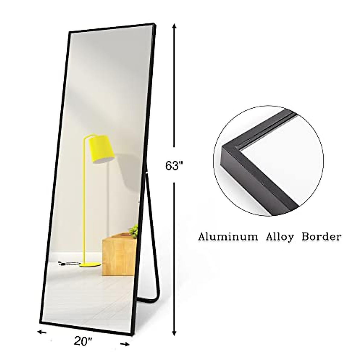 FLYMUHJIA Wall Mirror Full Length Full Body Mirror Floor Mirror Standing Mirror with Aluminum Alloy Thin Frame for Bedroom Living Room, 63” X20” Black