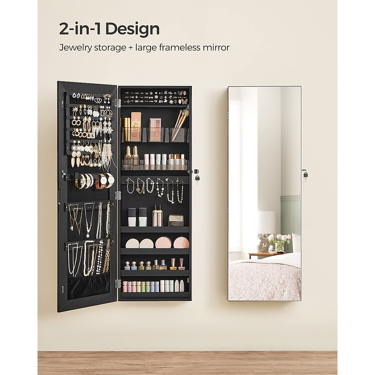 SONGMICS Mirror Jewelry Cabinet Armoire, Wall or Door Mounted Jewelry Storage, Hanging Lockable Frameless with 2 Plastic Cosmetic Organizers, Gift Idea, Black UJJC001B01