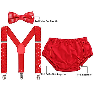 AWAYTR Baby Boys Cake Smash Outfit - First Birthday Party Suspenders Bow Tie Bloomers Set (Red Polka Dot)