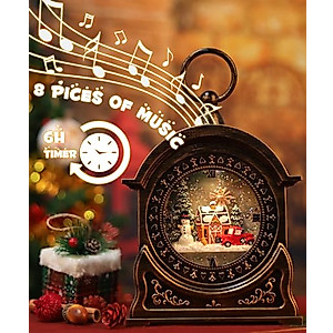 Snowman Red Truck Clock Christmas Snow Globe Lantern-Glittering Light Up Musical Snow Globe Christmas Decorations, 6H Timer, USB & Battery Operated, Christmas Indoor Home Décor
