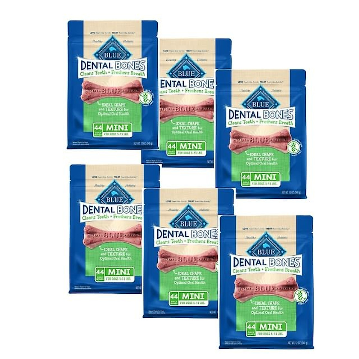 Blue Buffalo Dental Bones Mini Natural Dental Chew Dog Treats, (for 5-15 lb Dog) 12 oz Bag (6 Pack)