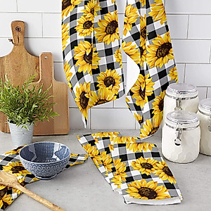 Absorbent Microfiber Kitchen Towels(Set of 2),Spring Summer Wild Sunflower,Tea Towel for Kitchen/Bathroom Decorative Bar Towels,Buffalo Plaid Black White,Soft Resuable Dish Towels Cloths Washable