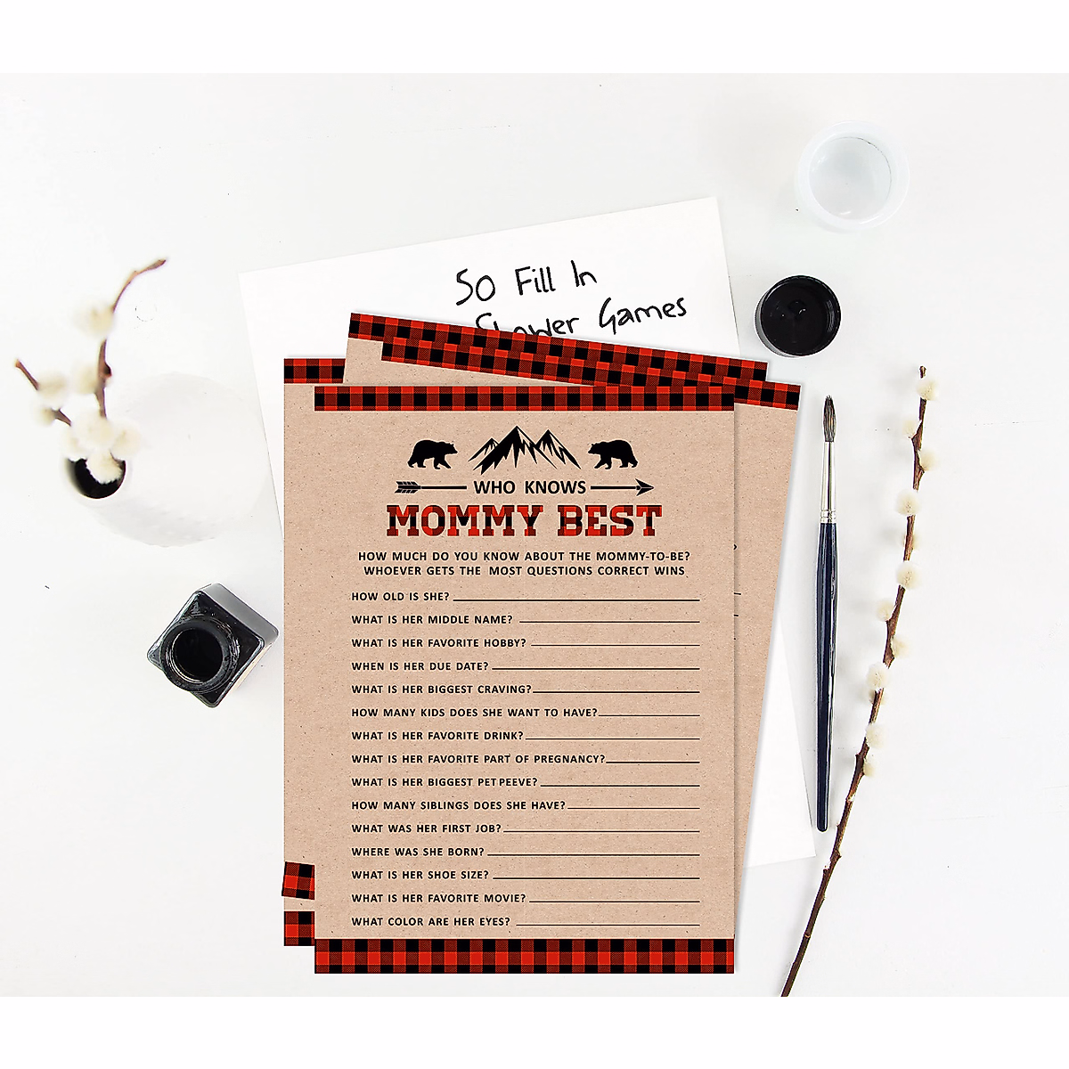 Inkdotpot Gender Neutral 50-Pack Who Knows Mommy Best Rustic Kraft Baby Shower Game Cards Lumberjack Fun Activity Cards