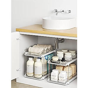 2 Tier Cabinet Organizers and Storage, 2 Pack Slide-Out Stackable Pantry Organization and Storage with Movable Dividers, Multi-Purpose Bathroom Organizer, Kitchen Organization and Storage, Countertop Vanity Medicine Organizer