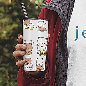 KAOQUANYA Cute Bear Panda And Dudu-2 20 Oz Covered Straw Tumbler Stainless Steel Double Wall Vacuum Insulated Travel Cup With Leak Proof Lid Stainless Steel Water Bottle Reusable Ice Hot Drinks Mug