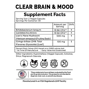 Clear Probiotics Brain and Mood - Brain Fog - Brain Cell Generation and Growth - Improved Mental Acuity - Memory - Balanced Microbiome - Ginkgo Biloba - Lions - Mane - 60 Count