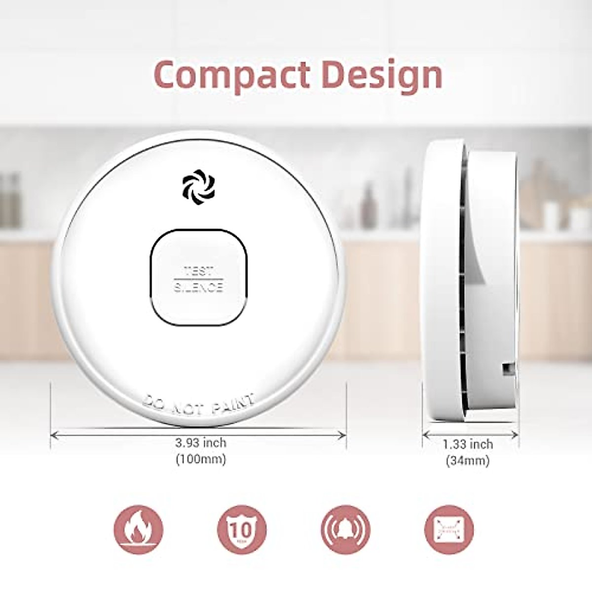 Putogesafe Smoke Detector, 10-Year Smoke Alarm with Photoelectric Sensor and Built-in 3V Lithum Battery, Fire Alarm with Test Button and Low Battery Warning, Fire Safety for Home,1 Pack