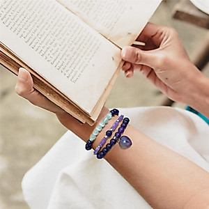 Vinswet Healing Crystal Beaded Bracelets for Women,Natural Amethyst Moonstone Gemstones Bracelet,Anxiety Stress Relief Heart Charm Bracelet Handmade purple Jewelry Gifts for Women