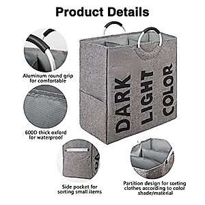 Laundry Basket 3 Section Dirty Clothes Laundry Sorter with Aluminum Handle Large Collapsible Laundry Hamper for Bathroom Bedroom, Grey