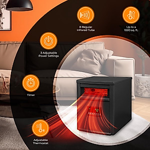 LifeSmart Infrared Quartz Space Heater, 8 Element 1500W Portable Heater with Remote, Black
