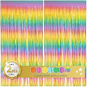 BEISHIDA 2 Pack Light Rainbow Foil Fringe Curtain Assorted Colorful Tinsel Metallic Curtains Photo Backdrop for Birthday Party Wedding Engagement Bridal Shower (3.28 x 6.56 ft)