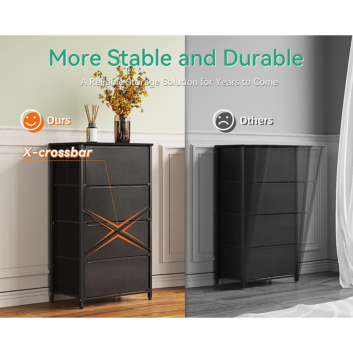 AODK Dresser for Bedroom with 4 Storage Drawers, Small Dresser Chest of Drawers Fabric Dresser with Sturdy Steel Frame, Black