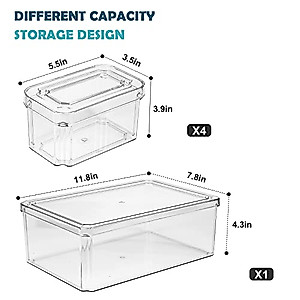 Refridge Organizer Bins, 5 Pack Pantry Organization and storage With Lids, Clear Plastic Storage Bins With Removable label *1 And Refrigerator Liners Mats *4 For Soda, Fruits, Vegetable, Food, Drinks