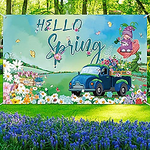 Hello Spring Decorations Spring Easter Photography Banner Gnome Blue Truck Daisy Backdrop Butterfly Flowers Background for Holiday Photo Prop Booth Indoor Outdoor, 43.3'' x 72.8''