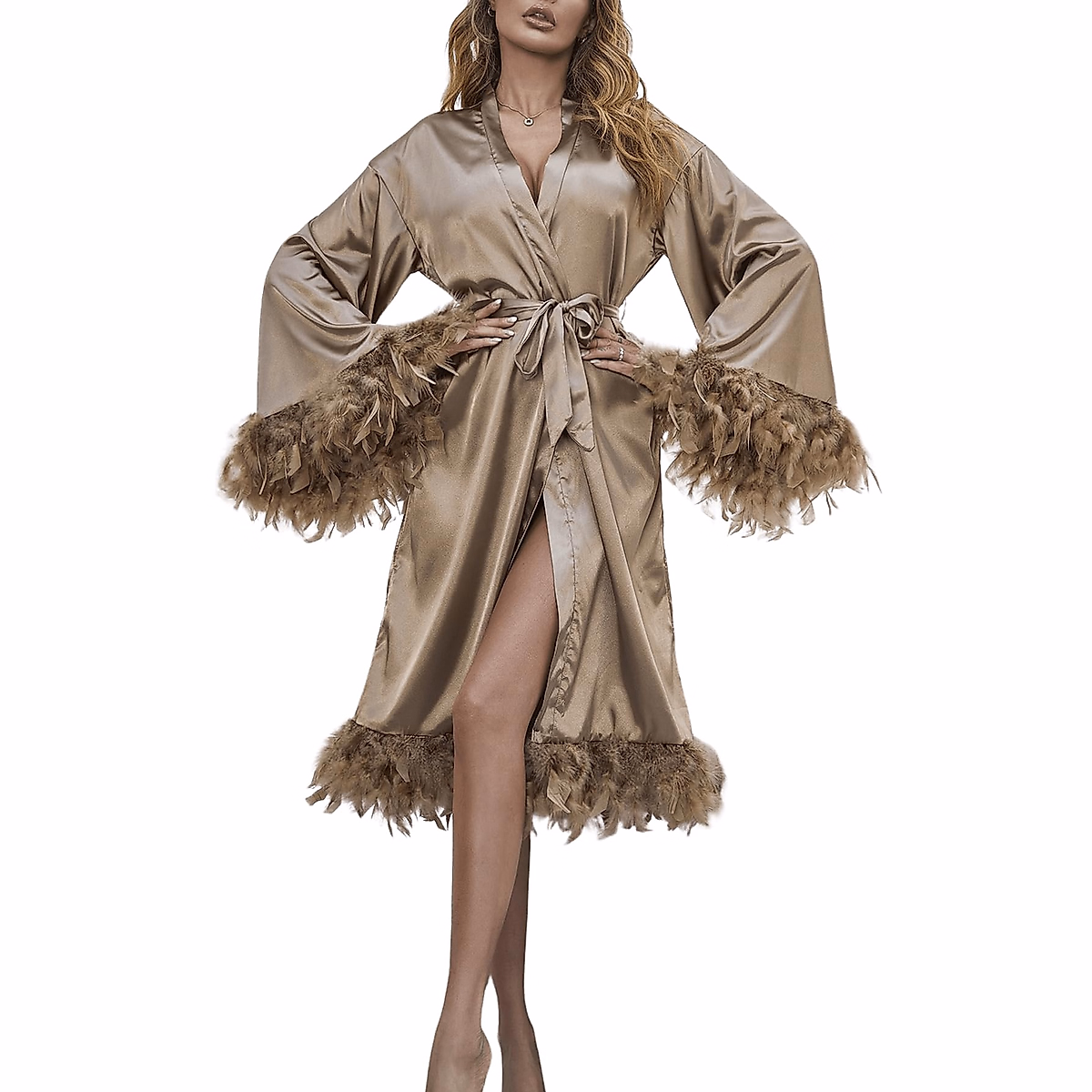 WDIRARA Women's Long Sleeve Satin Fuzzy Trim Robe Bridesmaid Robe Wedding Party Robe Bronze M