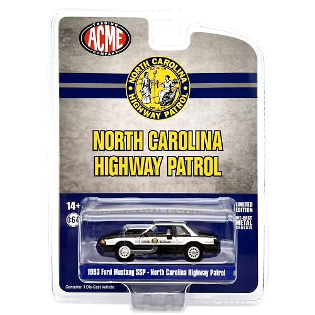 1/64 Diecast Model Car for 1993 Ford Mustang SSP Police Black & Silver North Carolina HWY Patrol Trooper Greenlight for Acme 51495