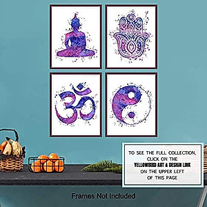 Zen Meditation Buddha Art - 8x10 Poster Set - Buddha, Yin Yang, Om, Hamsa Hand of Fatima - New Age Spiritual Gift for Buddhist, Yoga Teacher, Instructor, Studio - Unframed Wall Decor, Room Decoration