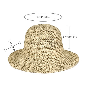 Womens Floppy Straw Sun Hat Foldable Packable Wide Brim Summer Beach Hat Crochet Bucket Hat (US, Alpha, One Size, Beige)