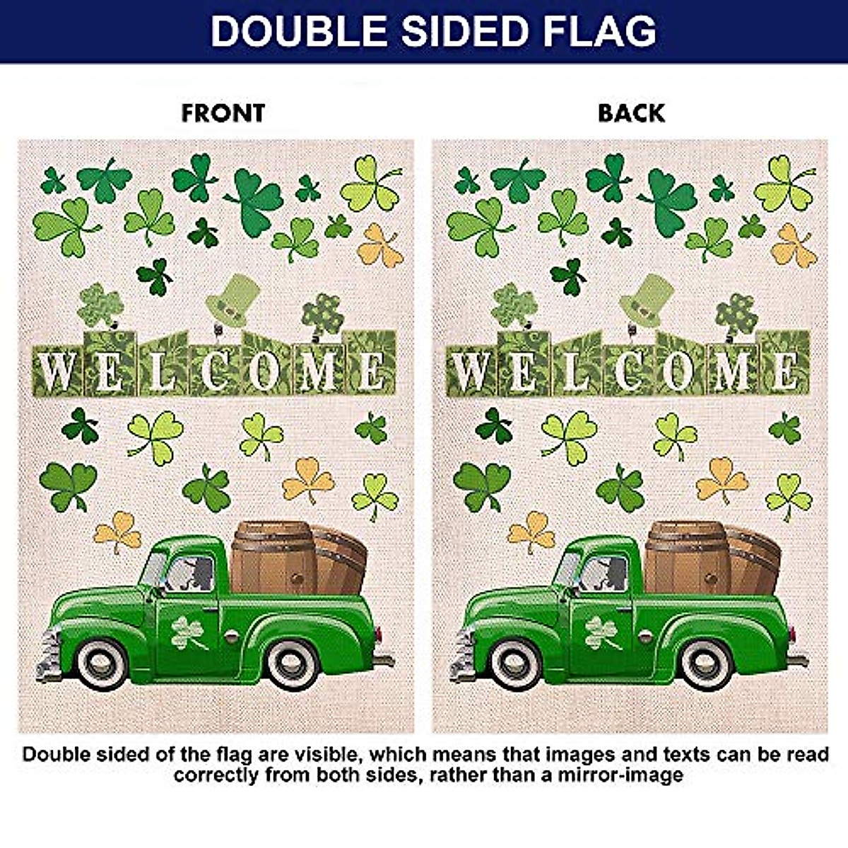 Shmbada St Patrick's Day Burlap Garden Flag, Double Sided Outdoor Lawn Yard Home Decoration Small Flag Irish Shamrock Clover Banner Holiday Green Truck Party Beer Accessories Decor, 12.5" x 18.5"