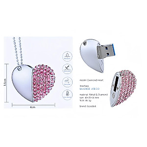 EcooDisk 64GB USB 3.0 Flash Drive Diamond Heart with Necklace Memory Stick High Speed Data Storage Pink