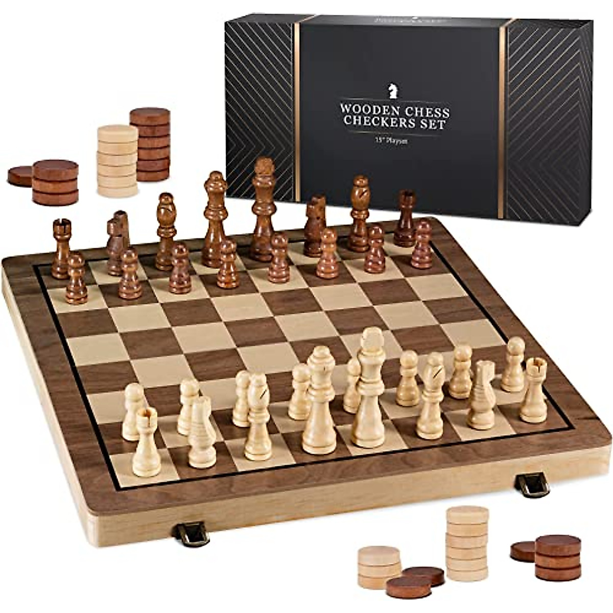 15" Wooden Chess Sets - Chess & Checkers Board Game | with 2 Extra Queens | Wooden Chess Set | Chess Board Set | Chess Sets for Adults | Chess Sets for Adults & Kids | Checkers Game for Kids & Adults
