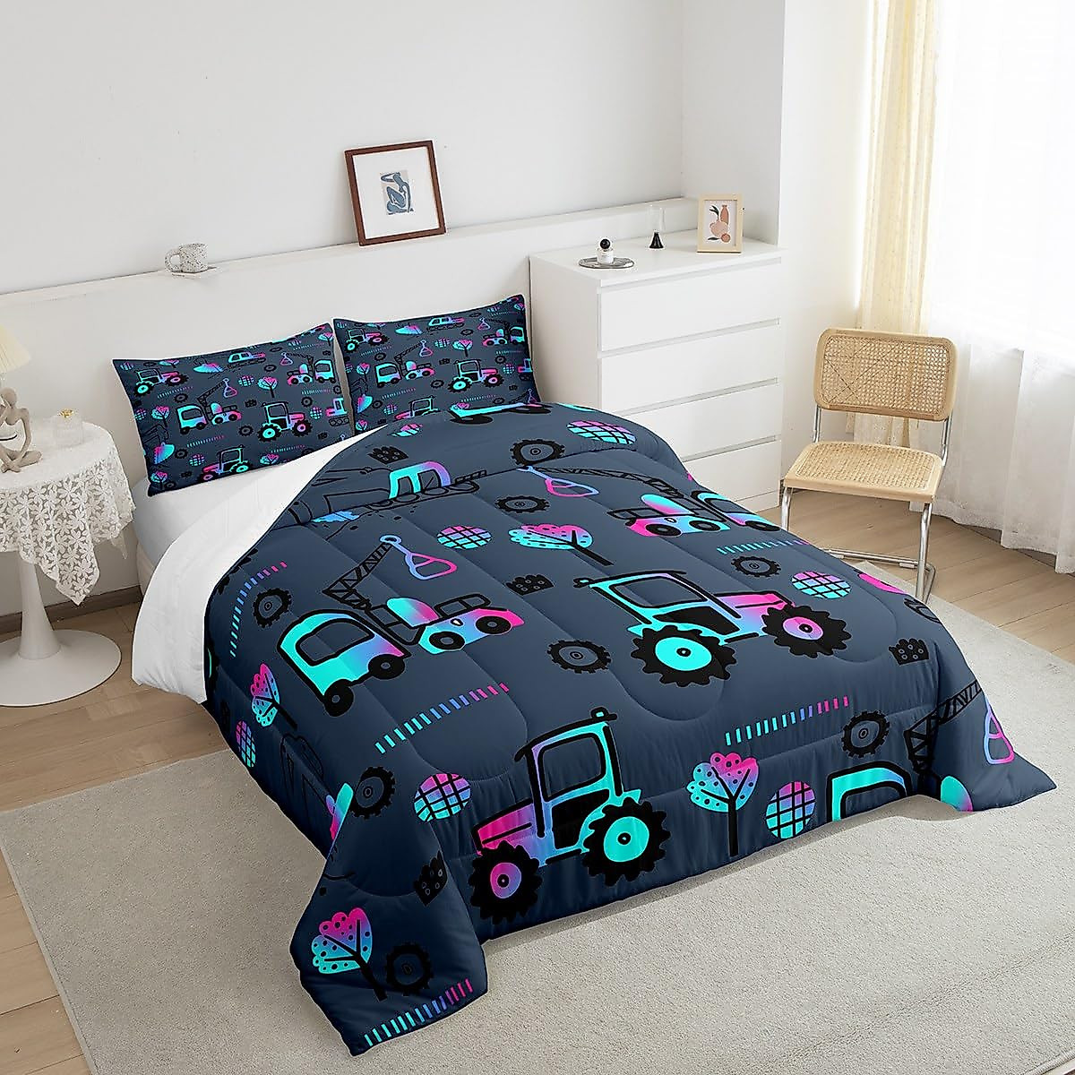 Feelyou Machinery Truck Bedding Set Twin Size Cartoon Vehicles Comforter Set for Boys Girls Teens Dark Grey Comforter Excavator Tractor Quilt Set 2Pcs