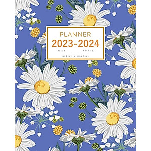 Planner May 2023-2024 April: 8x10 Weekly and Monthly Organizer Large | Illustrated Chamomile Flower Design Blue