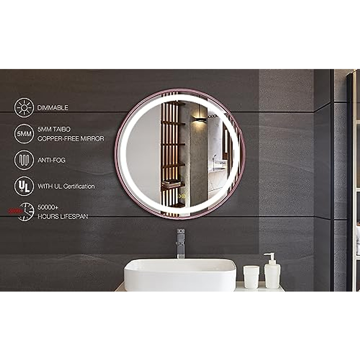 PetusHouse 32 inch Rose Gold LED Bathroom Mirror Circle Illuminated Wall Mounted Lighted Mirror Anti-Fog 3 Colors Change IP44 Dimmable Round LED Bathroom Mirror