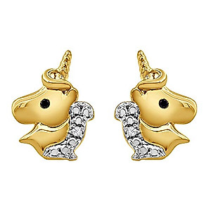 Beyond Brilliance Prong Set Black & White Natural Diamond Unicorn Push Back Stud Earrings in Yellow Gold-plated Sterling Silver Fashion Jewelry for Toddler Gift Box Included