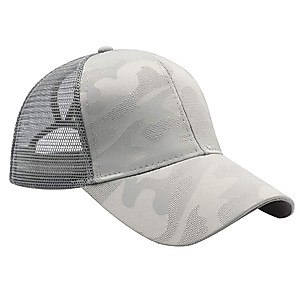 Womens Ponytail Messy High Buns Trucker Ponycaps Plain Baseball Cap Dad Hat Adjustable Snapback (001-2packs(Black camo+Grey camo), One Size)