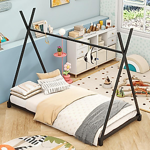 Twin Size House Beds, Metal Floor Bed Frame, Triangle Structure, Kids Teepee Bed for Boys Girls Teens, Black