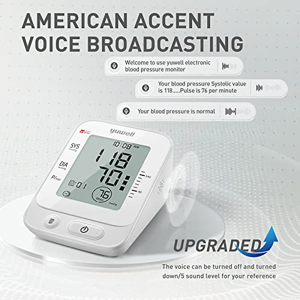 yuwell Blood Pressure Monitor, Extra Large Upper Arm Cuff, Digital BP Machine for Home Use & Pulse Rate Monitoring Meter, Automatic, Large Display, Voice Broadcasting with Power Adapter and Batteries