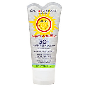 California Baby Super Sensitive SPF 30+ Sunscreen Lotion | Broad Spectrum | Unscented Mineral Sunscreen Face & Body | Allergy-Friendly | Coral Reef Safe | Benzene-Free | Baby, Kids, Adults Physical Sunscreen For Sensitive Skin or Eczema | 82 g / 2.9 oz.