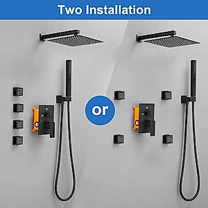RUMOSE Rainfall Shower System with 4 Full Body Jet 4 Mode Shower Faucet Set with 12 Inch Rain Shower Head and 2 in 1 Handheld Spray, Matte Black Brass Shower Jet Shower Fixtures, Wall Mounted