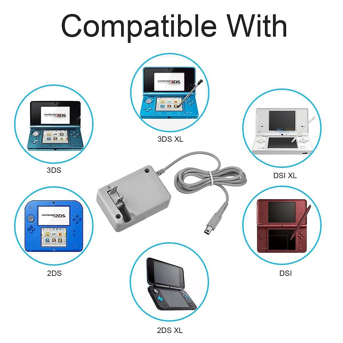 Toxaoii 3DS Charger, 3DS XL Power AC Adapter Compatible with Nintendo 3DS, 3DS XL, 2DS, 2DS XL, DSi, DSi XL, Home Travel Charger Wall Plug Power Adapter (100-240v)