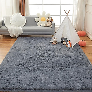 AMTOVO Area Rugs for Living Room, Fluffy Dark Grey 8x10 Clearance Bedroom Rug, Large Throw Shag Carpet for Nursery, Kids, Playroom Home Decor