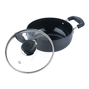 Vinod Cookware Professional Deep Kadhai – 2.1 Liters(2.2 Quarts) – 20cm–Glass Lid Included – Multi-Use Hard Anodized Wok/Pot –Suitable For Indian Cooking, Sauces, Pasta, Stews, Soups – Riveted Handles