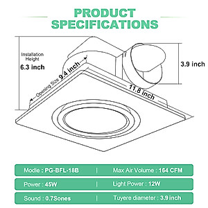 POWERENG Bathroom Exhaust Ventilation with Light,141 CFM 0.7Sones Quiet Ceiling Mount Ventilation Fan,4 Inches Duct,12W LED,White,110V Vent Fan Ceiling for Bathroom/Shower/Restroom/Home/Office