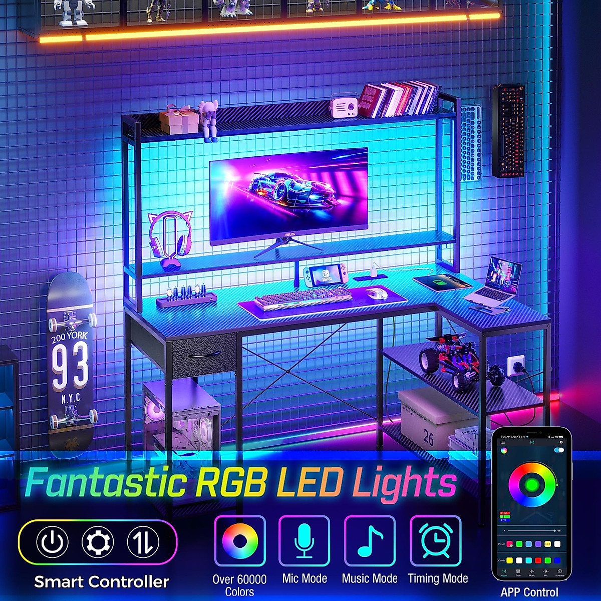 Seventable Gaming Desk with LED Light & Power Outlets, 47 inch Computer Desk with Shelves, Reversible L Shaped Desk with Monitor Stand, Corner Desk for Small Space, Carbon Fiber Black