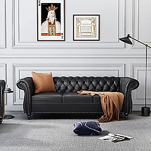 AVZEAR Leather Sofa 3 Seater Couch, Large Sofa Furniture Roll Arm Classic Tufted Chesterfield Settee Leather Sofa with Channel Tufted Seat Back for Living Room, Black PU