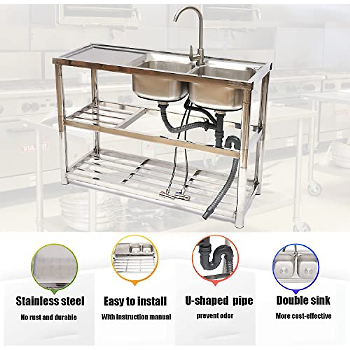 Commercial Restaurant Sink,304 Stainless Steel Utility Sink Kitchen Bowl Sink,with Double Storage Shelves&Drainer Unit Faucet Combo with Strainer (Double Bowl)
