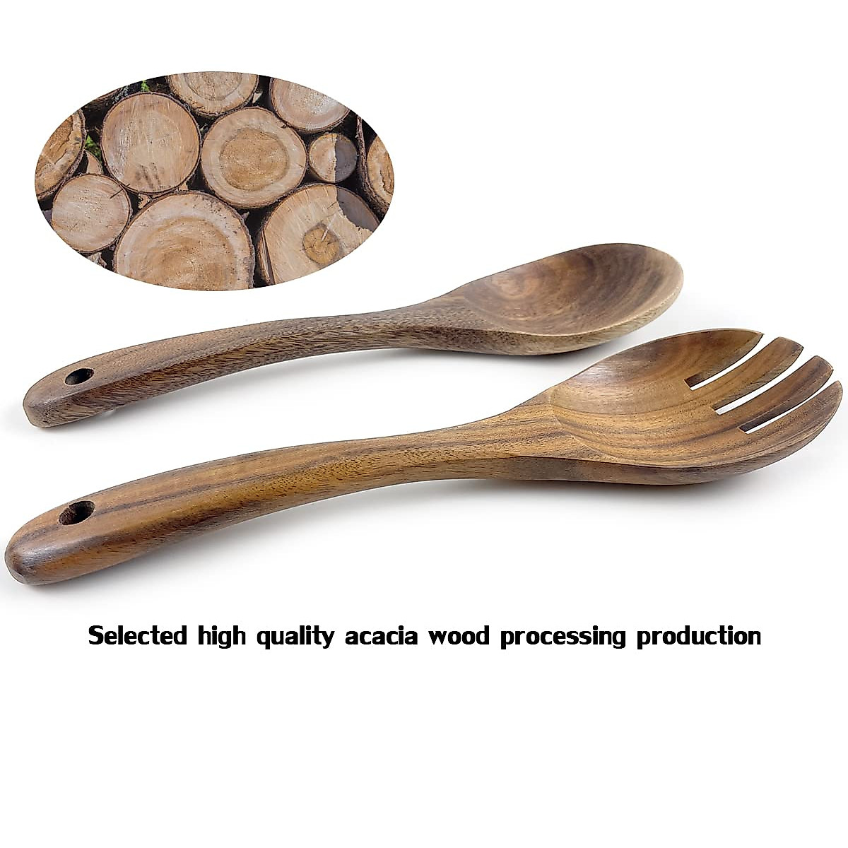 EWEIGEER 10.5-inch Wood Salad Server Acacia Wooden Serving Spoon Fork Set of 2
