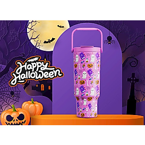 Meoky 40 oz Halloween Tumbler with Handle and Straw, Insulated Water Bottle, Stainless Steel Travel Mug, Keeps Cold for 34 Hours, Fits in Car Cup Holder (Spooky Pumpkin)