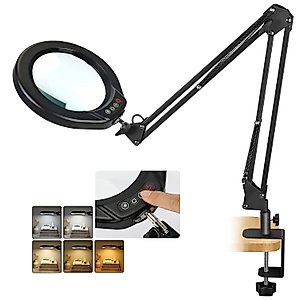 VEEMAGNI 5 Inch Large Magnifying Glass with Light and Stand, 5 Color Modes Stepless Dimmable, Long Swivel Arm LED Clamp Desk Lamp, Hands Free 8X Lighted Magnifier for Close Work Craft Hobby Soldering