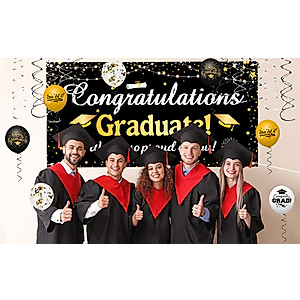 AKEROCK Graduation Decorations Class of 2025, Congratulations Graduate Banner for Graduation Party Decorations, Graduation Banner/Congrats Grad Banner, 32 Balloons & 10 Hanging Swirls Included - Black